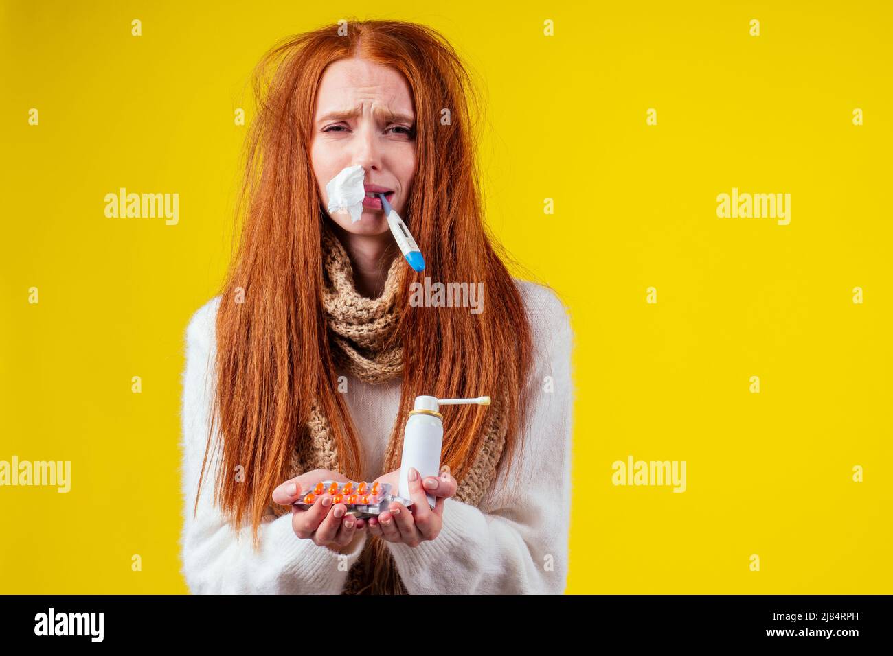 unwell redhaired ginger woman runny nose wearing knitted sweater and ...