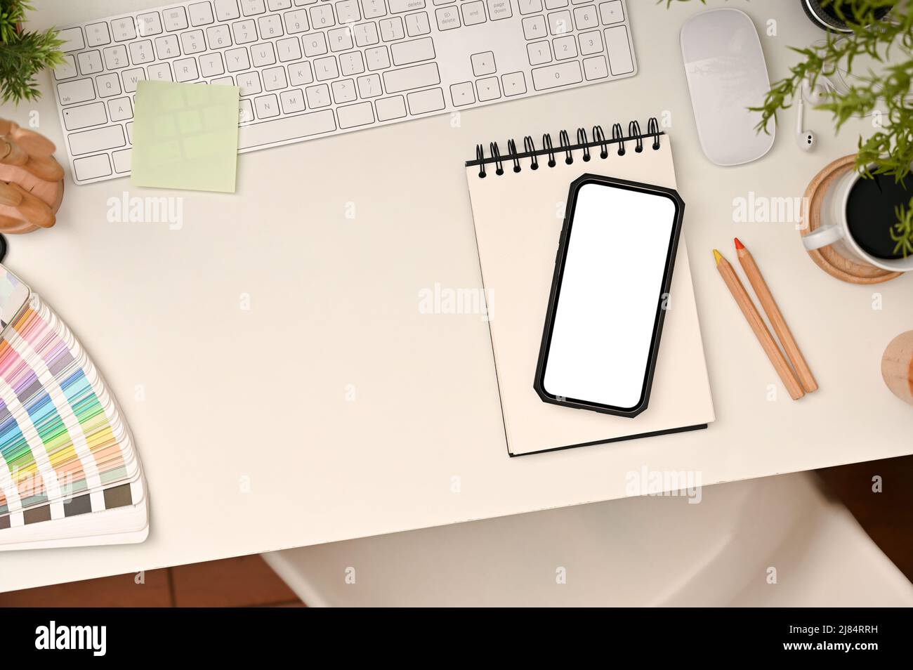 Modern Minimal White Workspace With Smartphone Blank Screen Mockup On