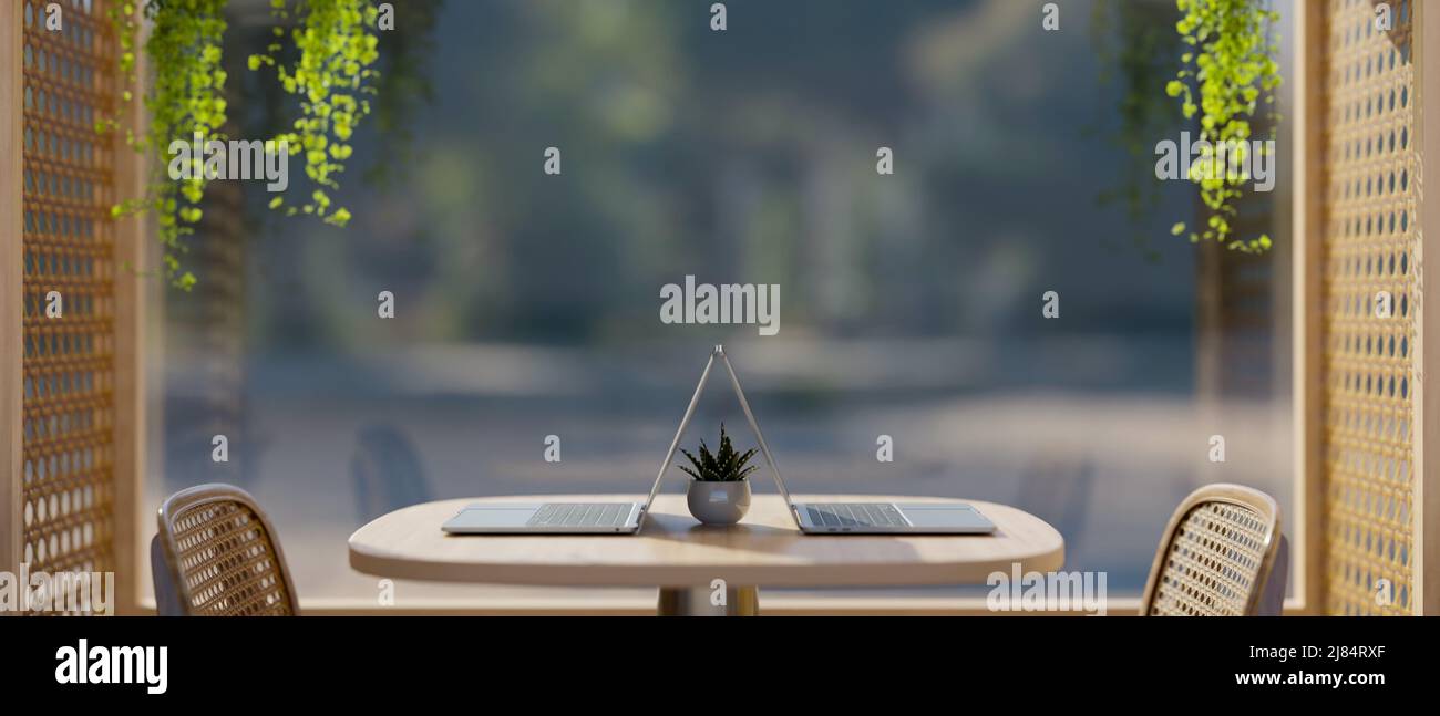 Minimal Scandinavian coffee shop seating area interior design with two ...