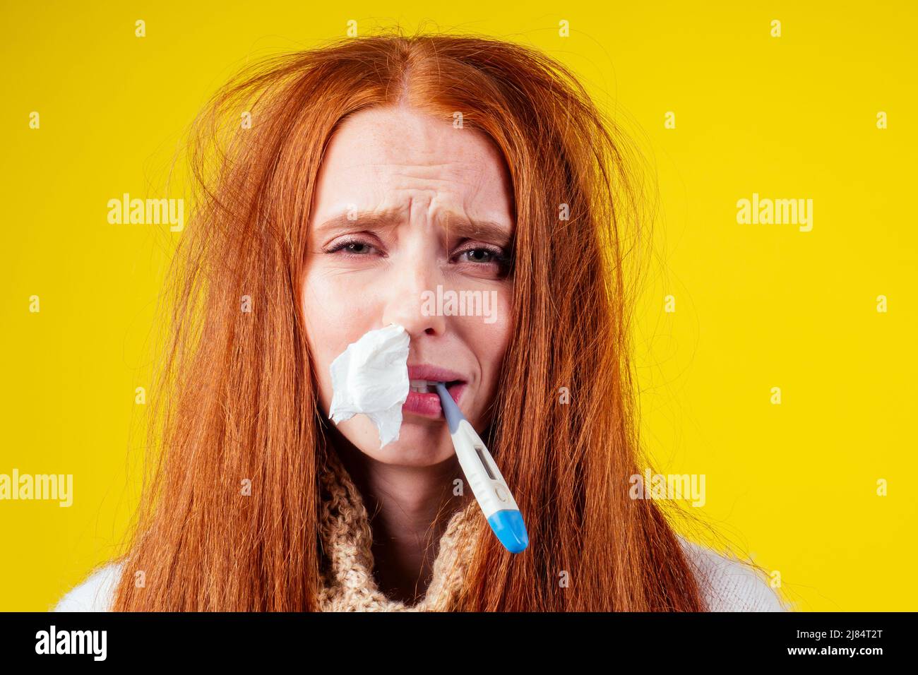 unwell redhaired ginger woman runny nose wearing knitted sweater and ...