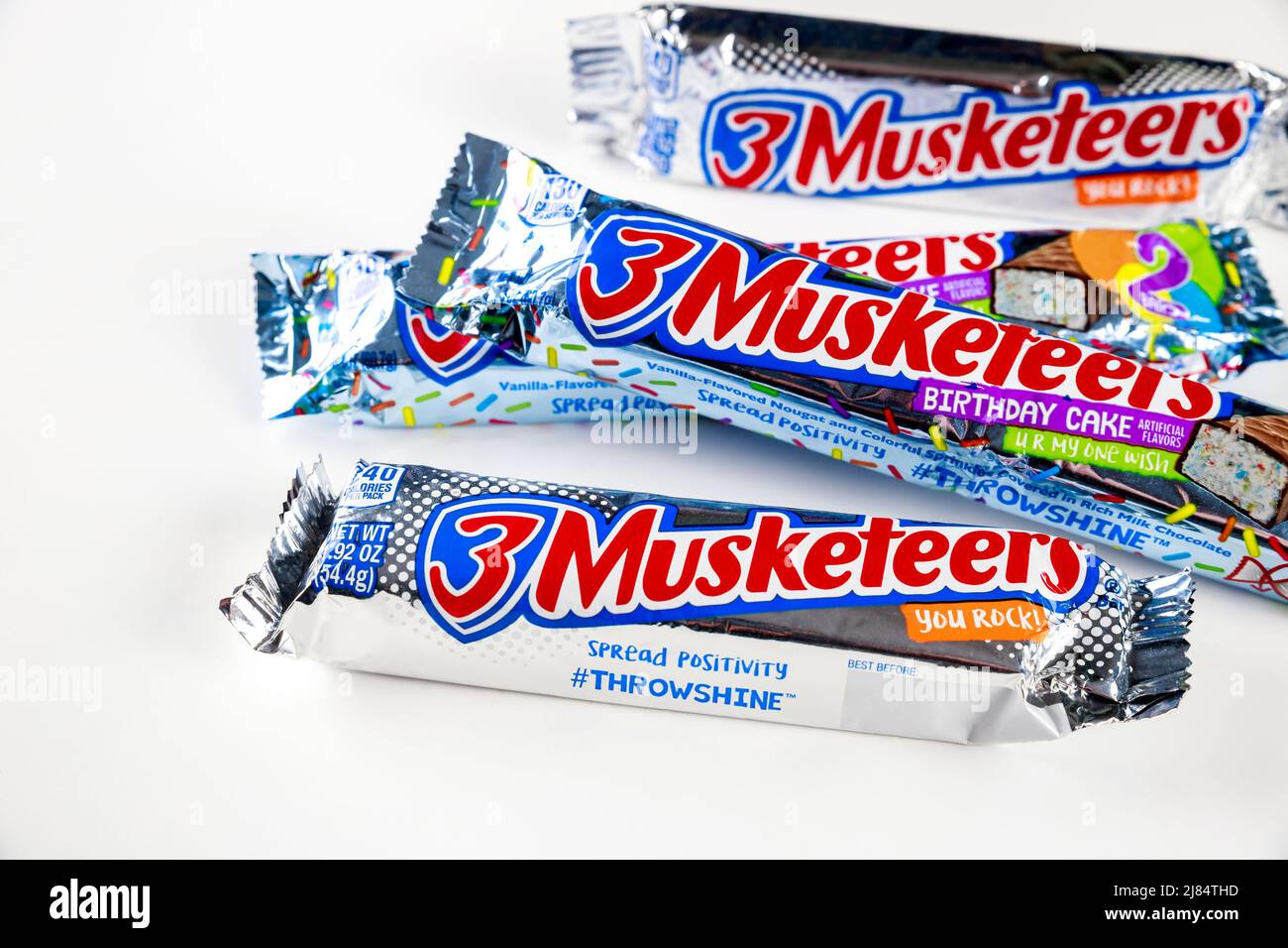 3 Musketeers milk chocolate bars with nougat isolated on a white ...