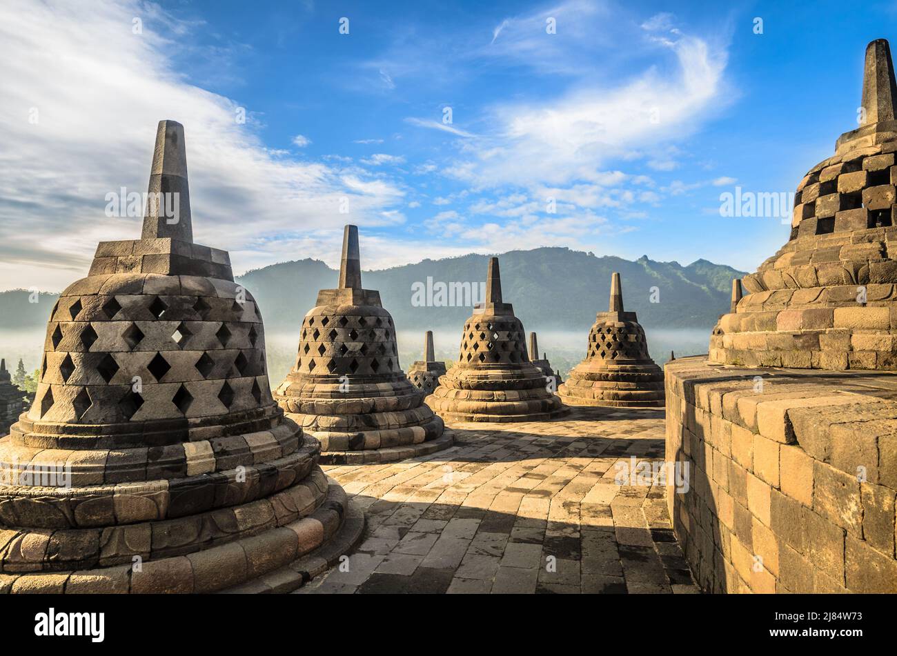Borobudur temple complex on the island of Java in Indonesia in the ...