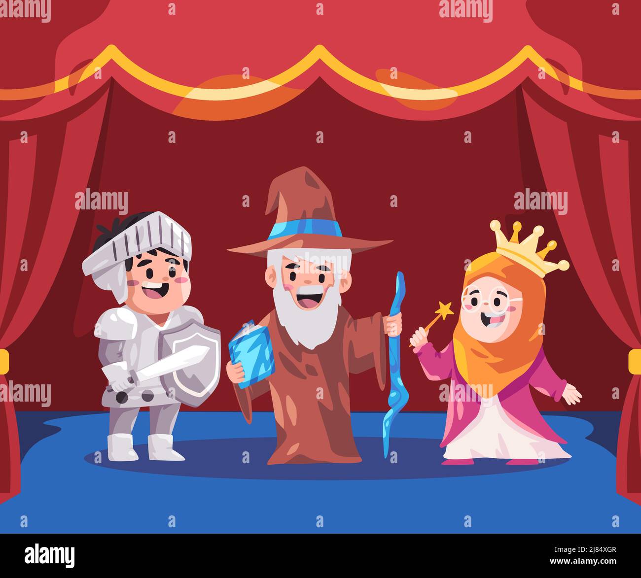 Kids perform theatre drama on stage with red curtain play role as ...