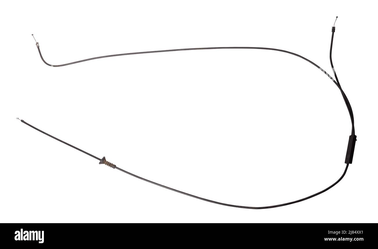 Metal cable for hood opening isolated on white background. Auto service ...