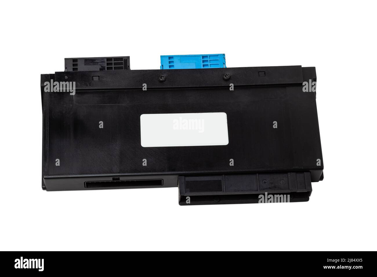 Plastic car engine control unit with metal elements on a white isolated ...