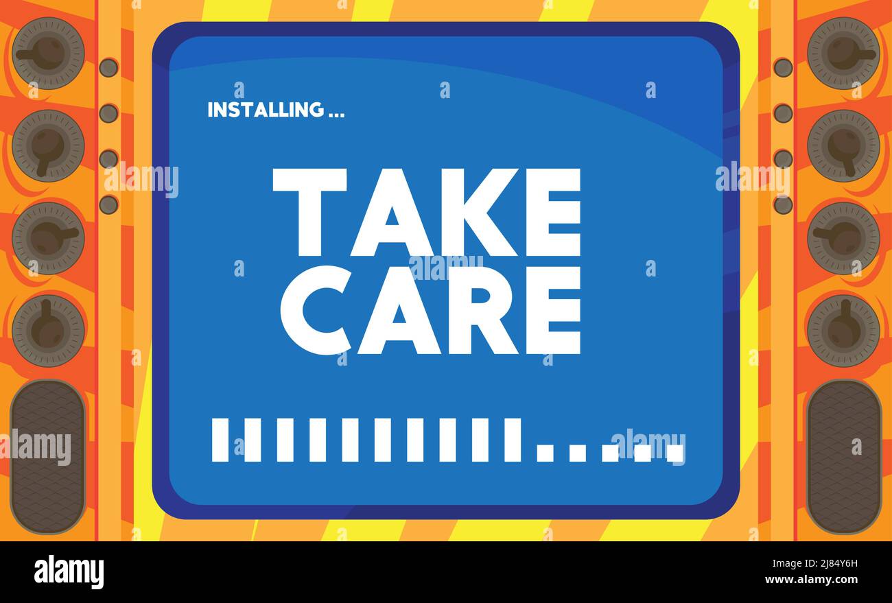 Cartoon Computer With the word Take Care. Message of a screen ...