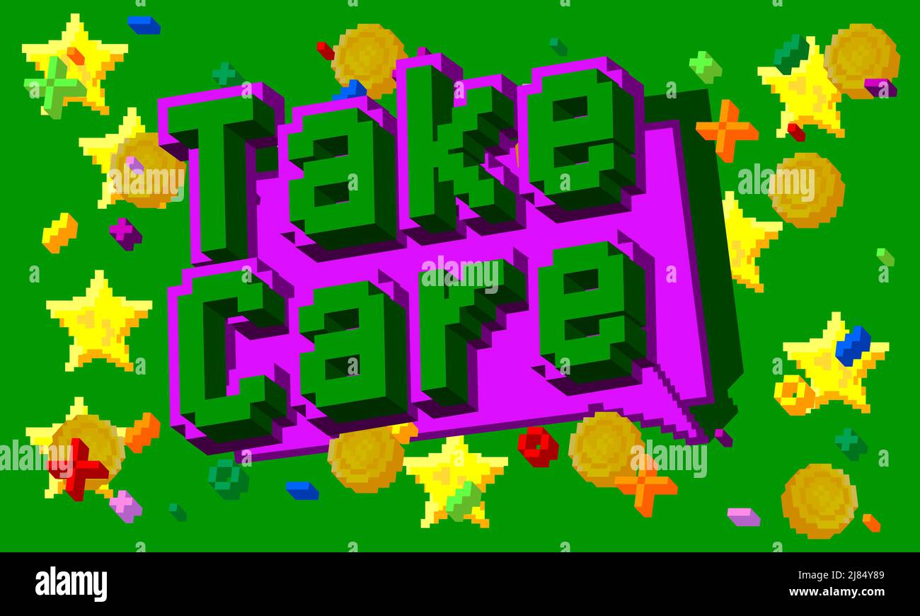 Take Care pixelated word with geometric graphic background. Vector ...