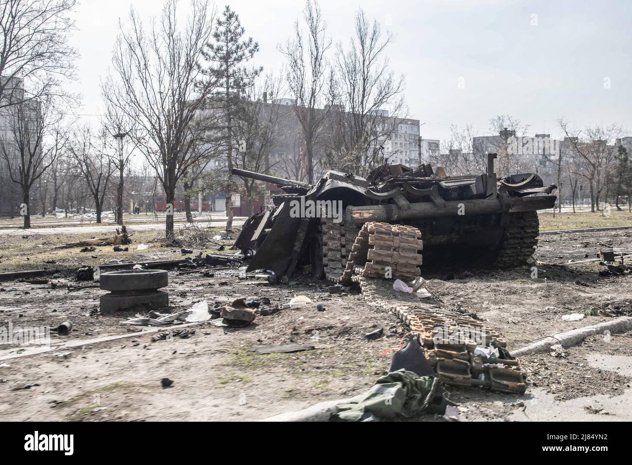 Mariupol, Ukraine. 29th Mar, 2022. A destroyed Ukrainian tank in the ...