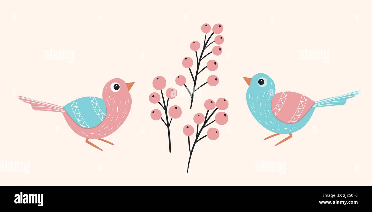 Funny colorful birds, flowers, leaves and berries. Color flat vector ...