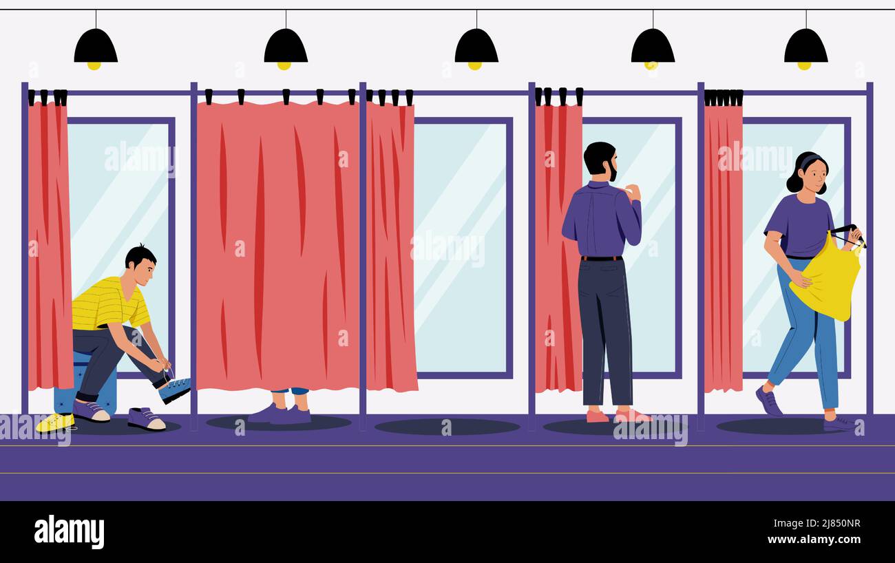 Customers in dressing room. Cartoon buyers try on clothes and shoes in ...