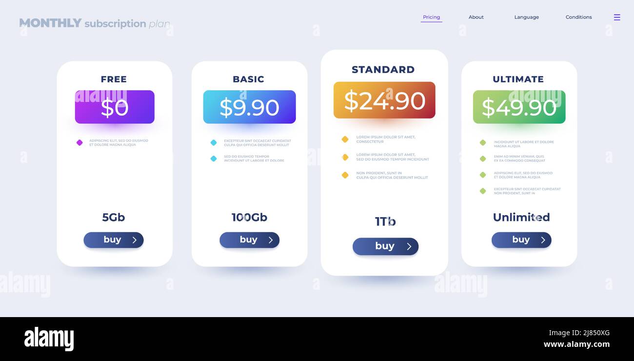 Pricing table. Monthly subscription comparison table infographic template with checklist of ...