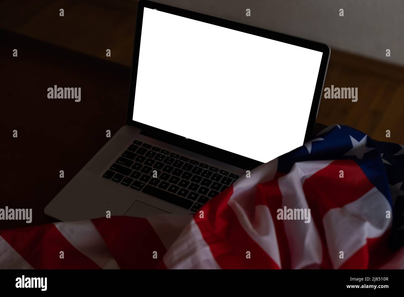 Laptop with USA flag, screen Isolated on white background Stock Photo ...