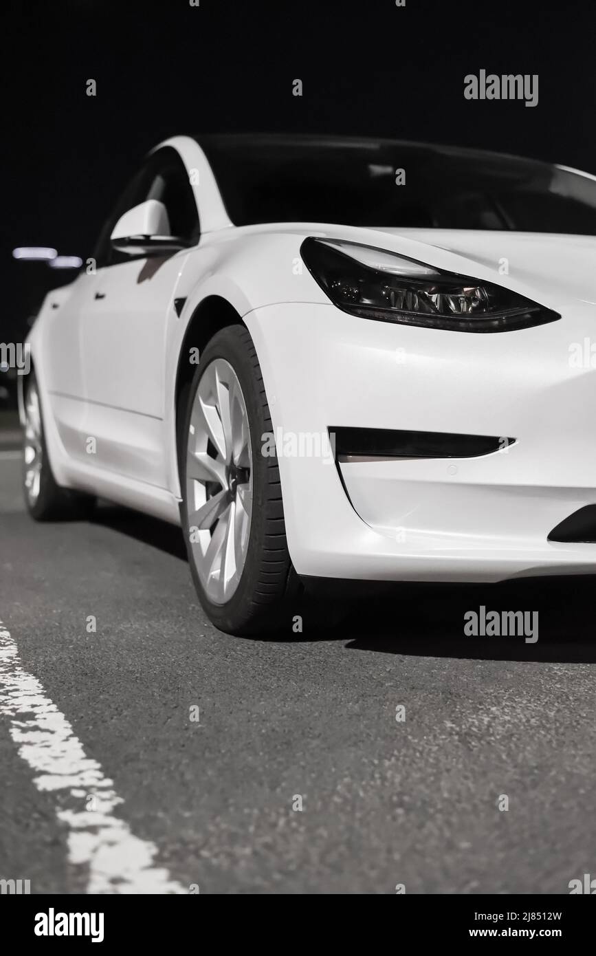 Front view of Tesla electric car. Design, exterior and appearance of ...