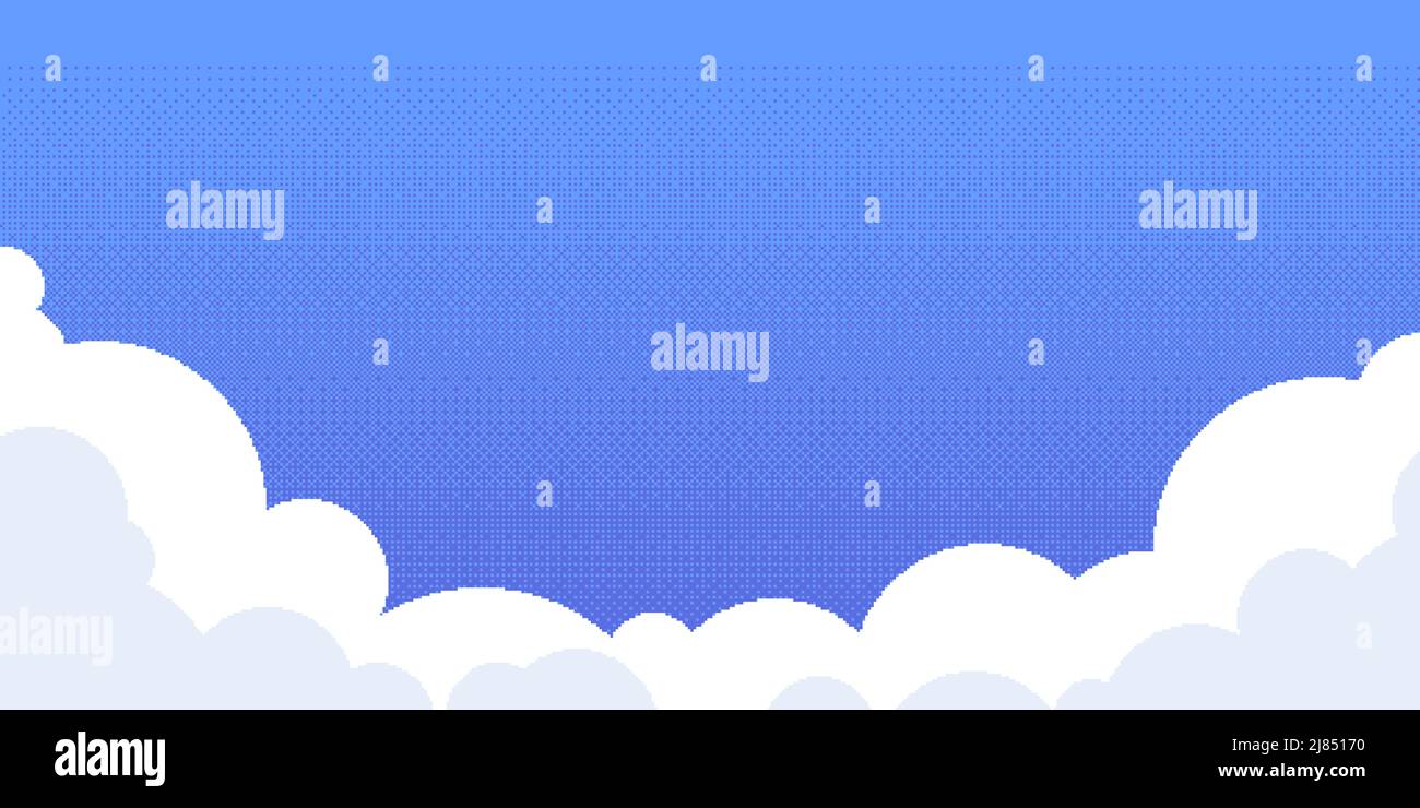Pixel sky with clouds. Retro video game abstract blue background with ...