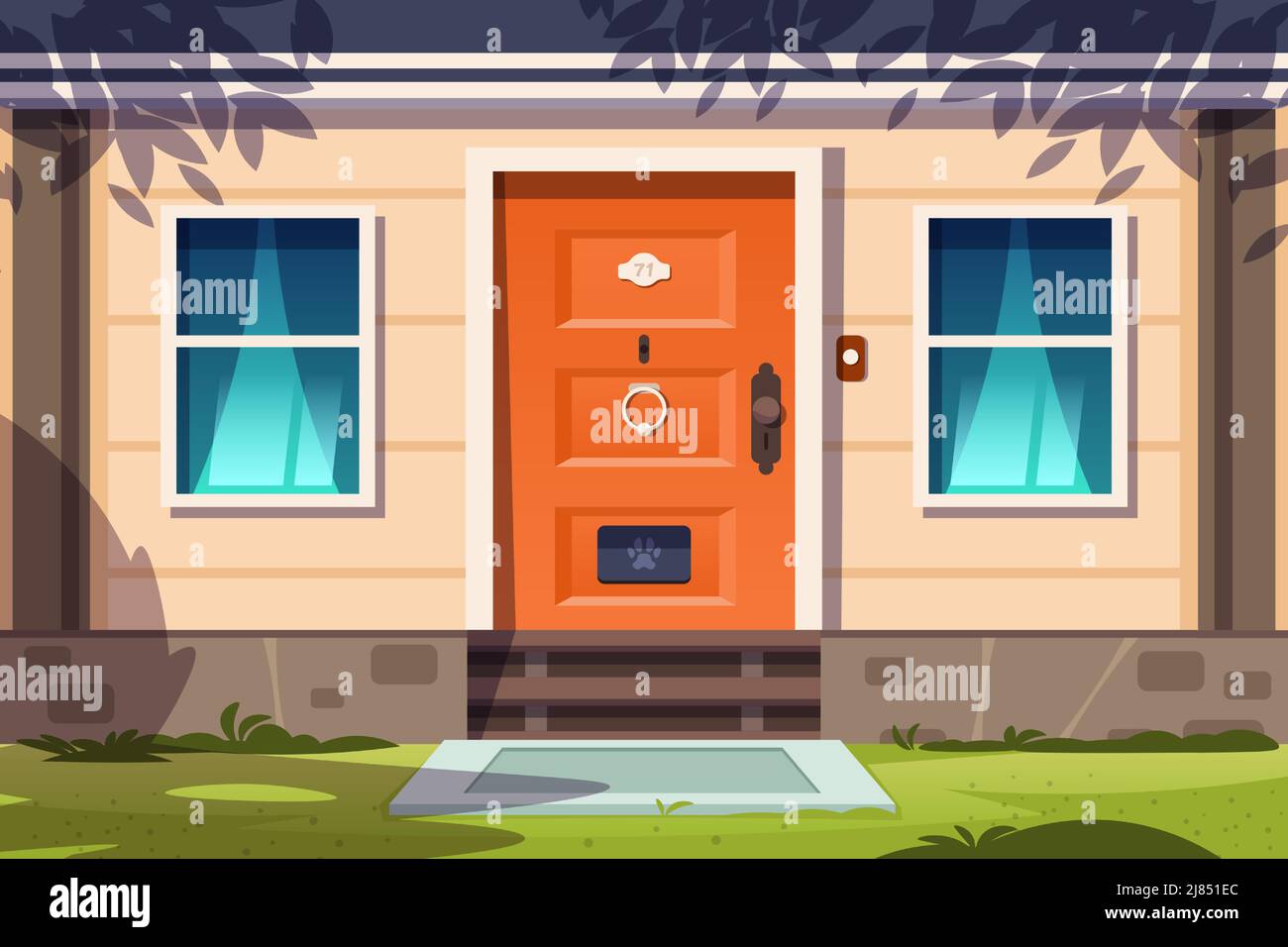 Cottage facade. Cartoon country house front exterior with entrance ...