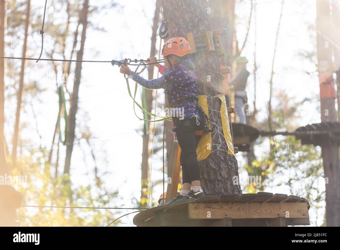 Child in forest adventure park. Kids climb on high rope trail. Agility ...
