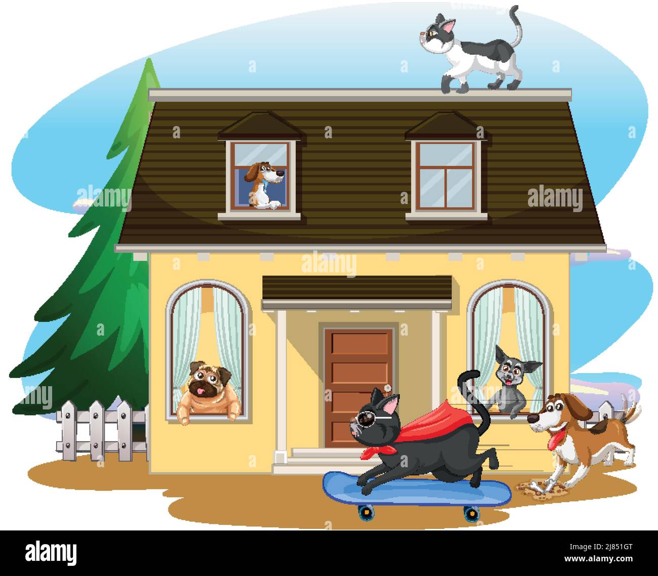 Outdoor house scene with domestic animals cartoon illustration Stock ...