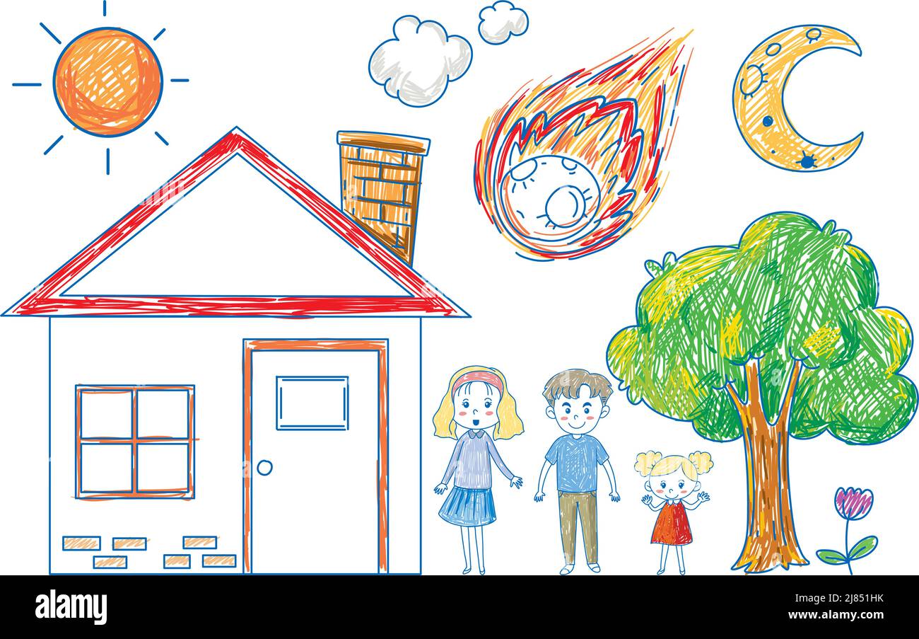 Kids hand drawn doodle family members and house illustration Stock ...