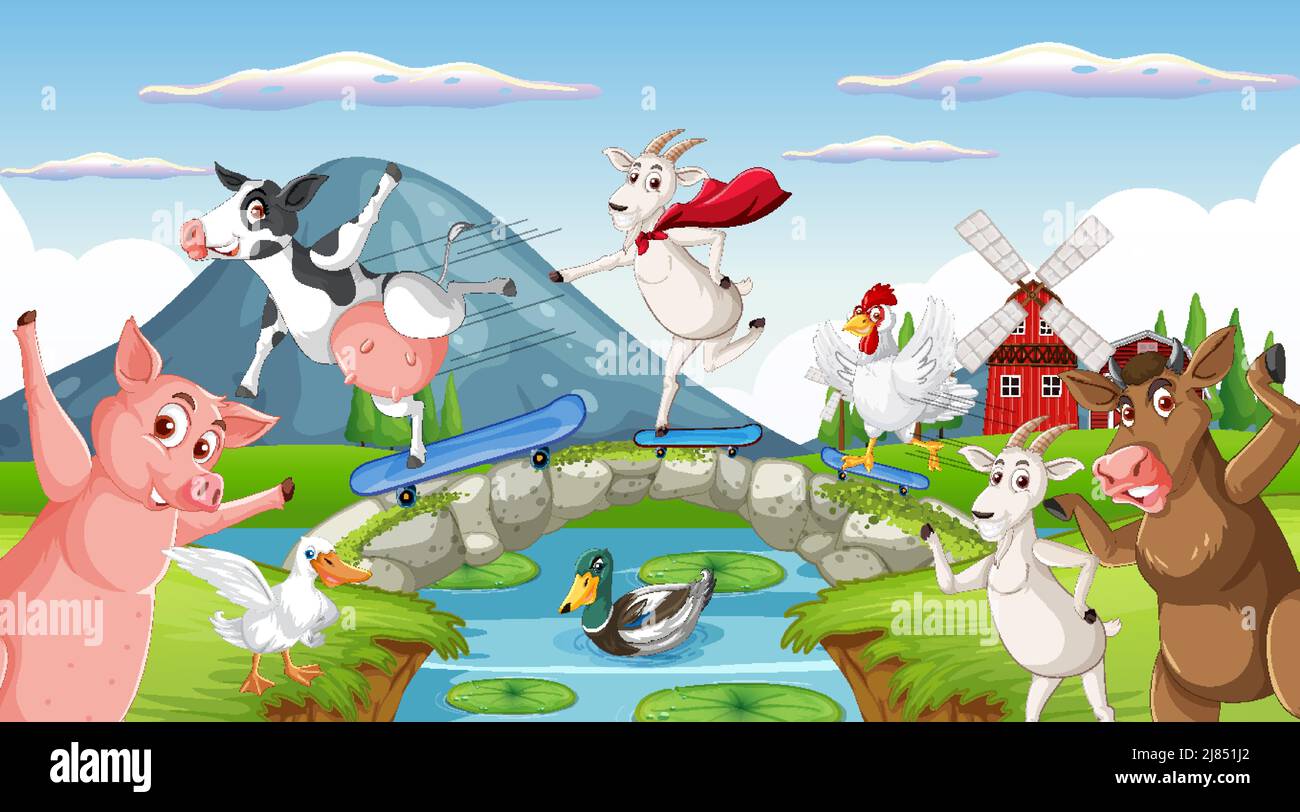Farm background with happy animals illustration Stock Vector Image ...