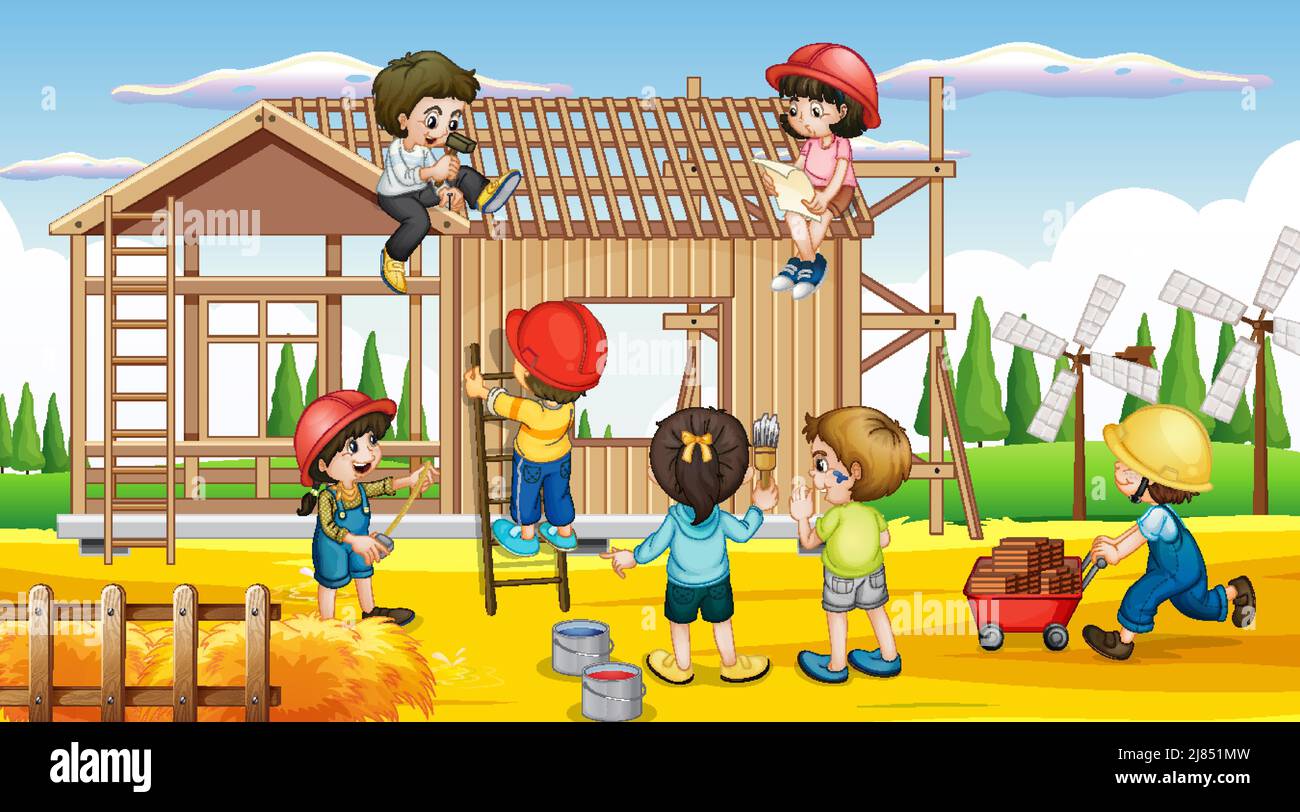 Cartoon scene of building construction site illustration Stock Vector ...