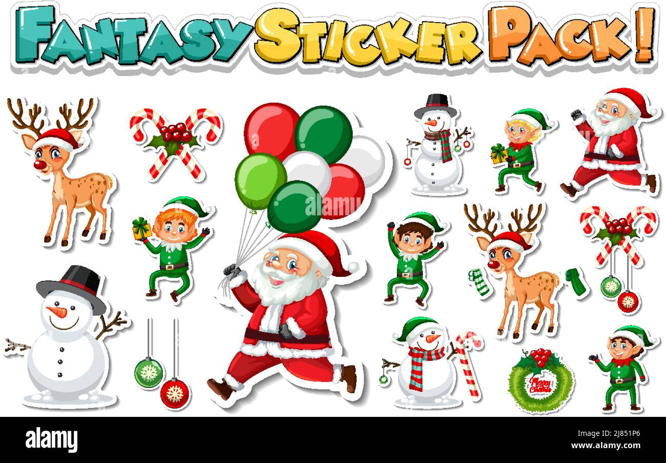 Stickers pack of Christmas cartoon characters illustration Stock Vector ...