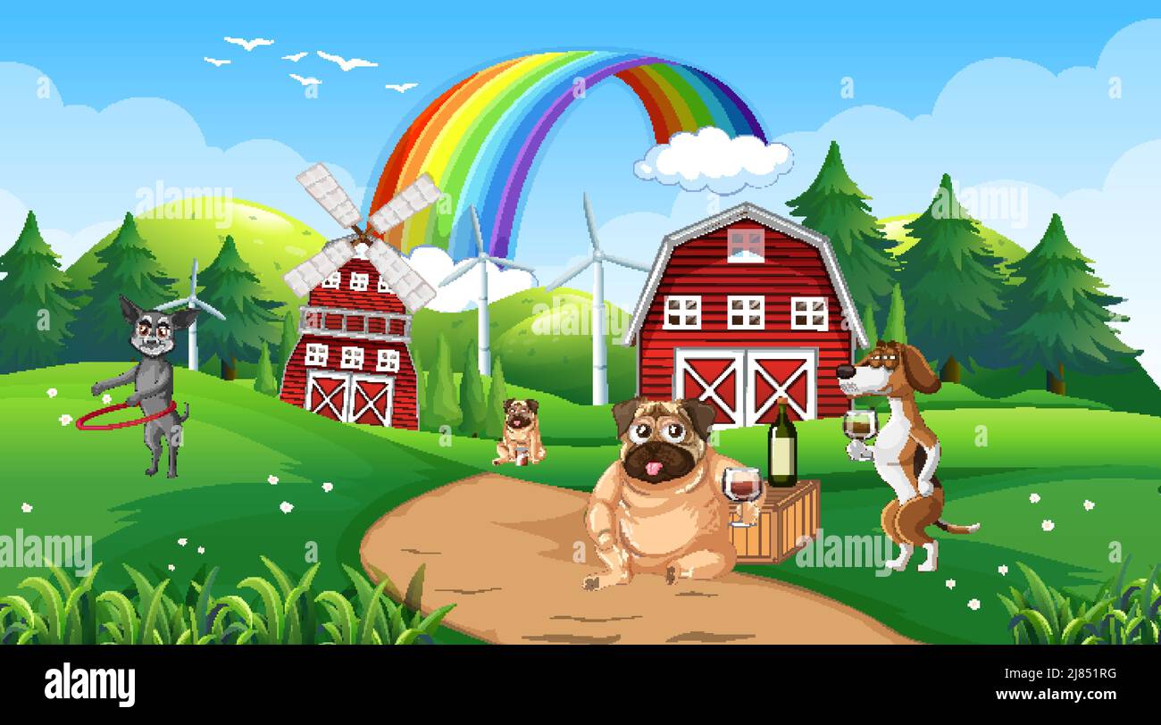 Outdoor farm scene with cartoon dogs illustration Stock Vector Image ...