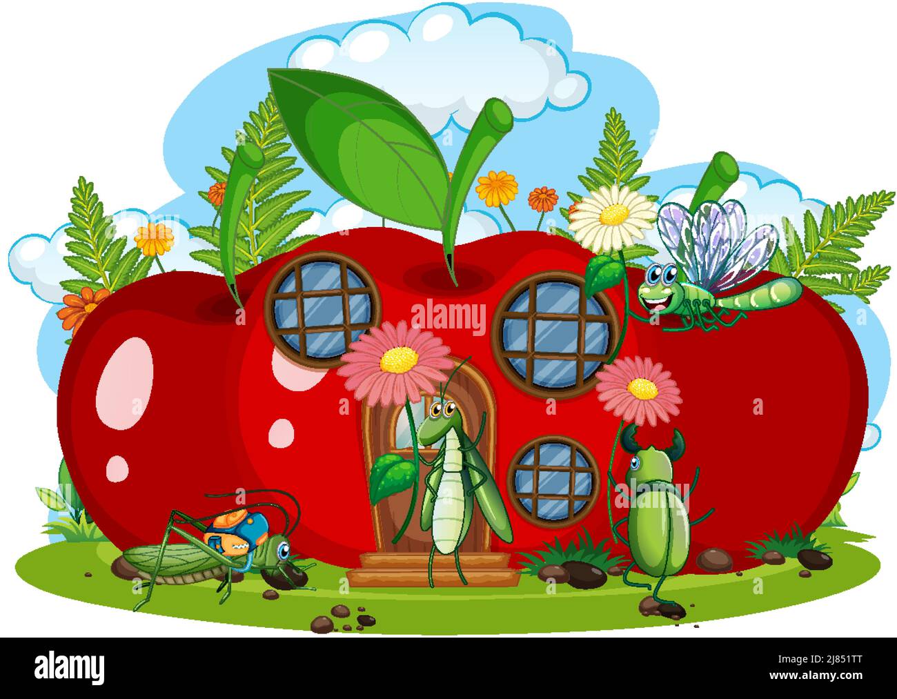 Fantasy apple house with cartoon insects illustration Stock Vector ...