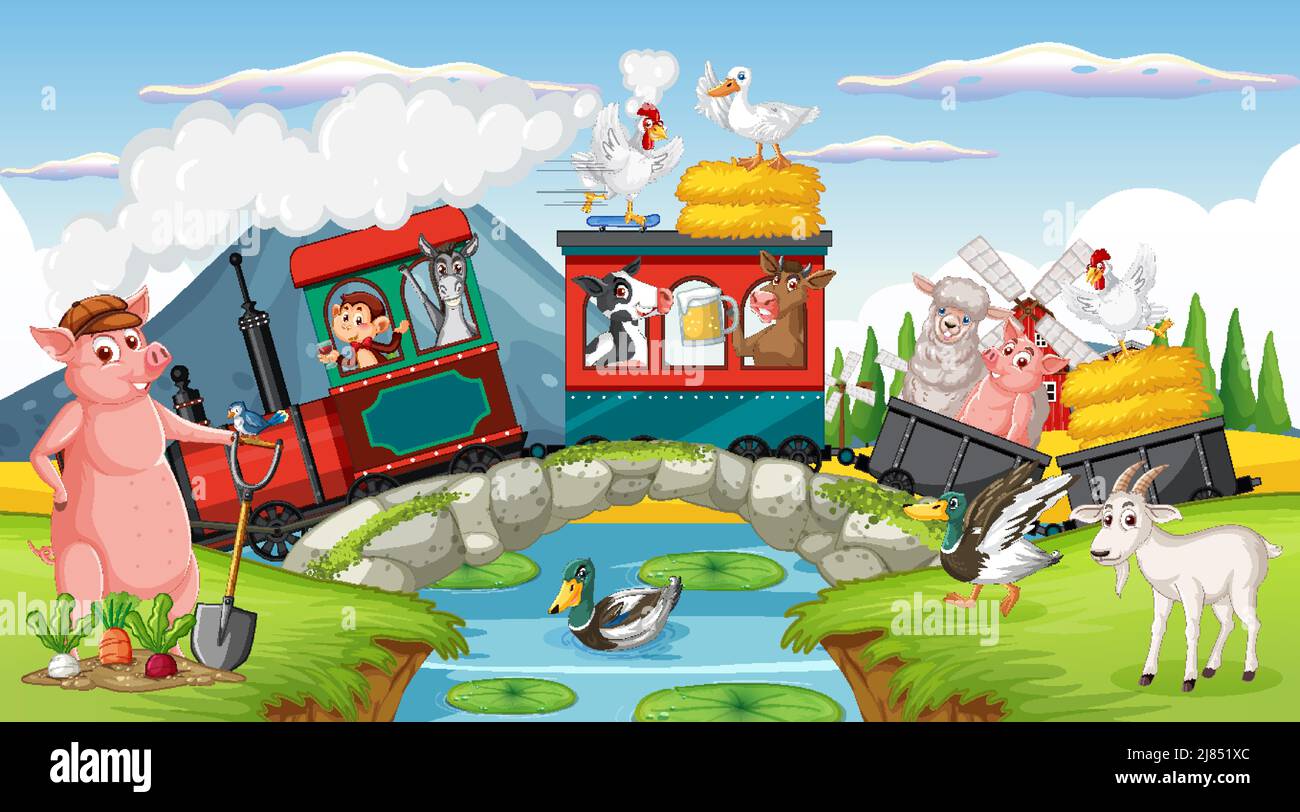Many animals riding on train over the bridge illustration Stock Vector ...