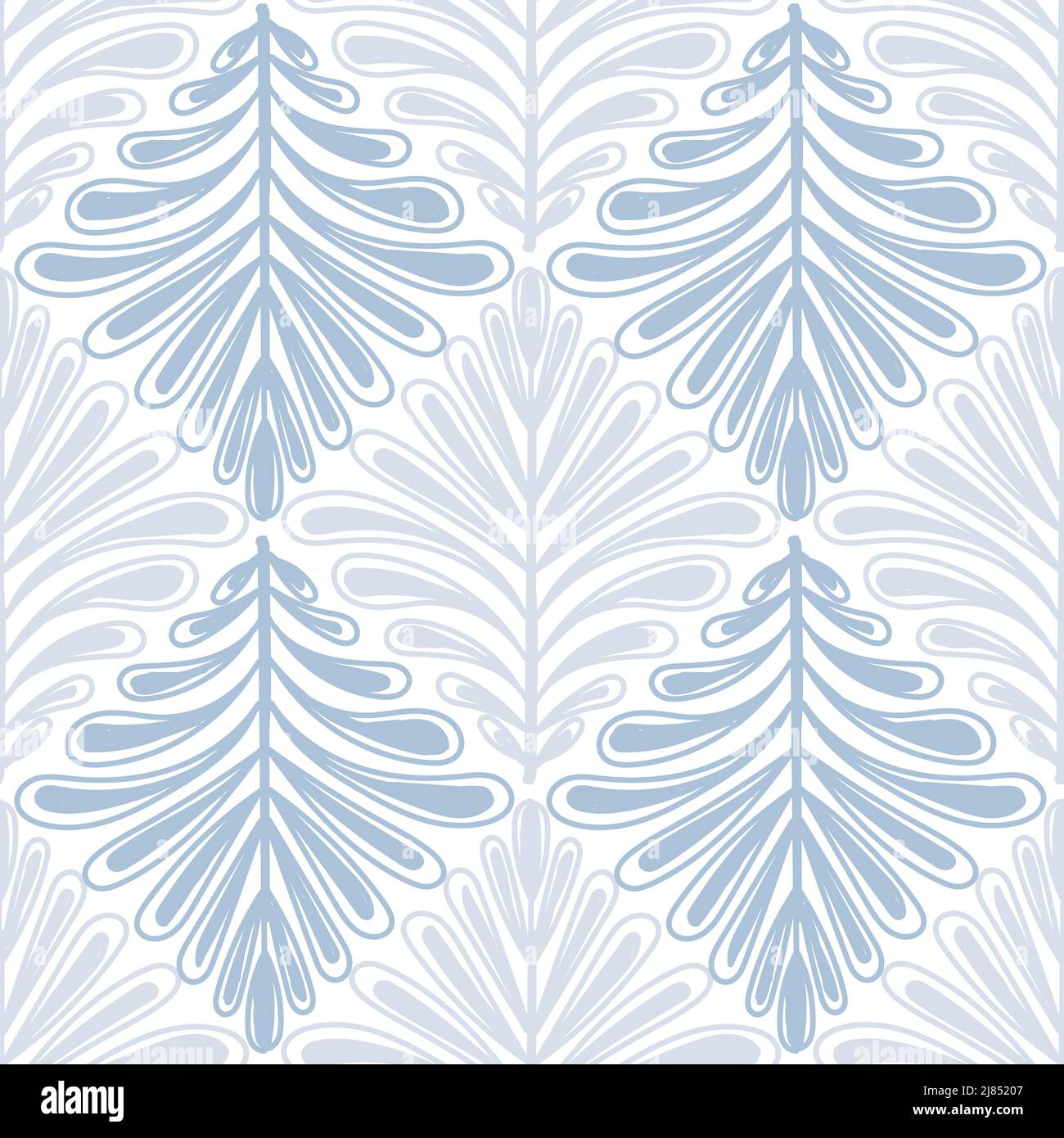 A seamless pattern of monochrome blue plant elements drawn by hand ...