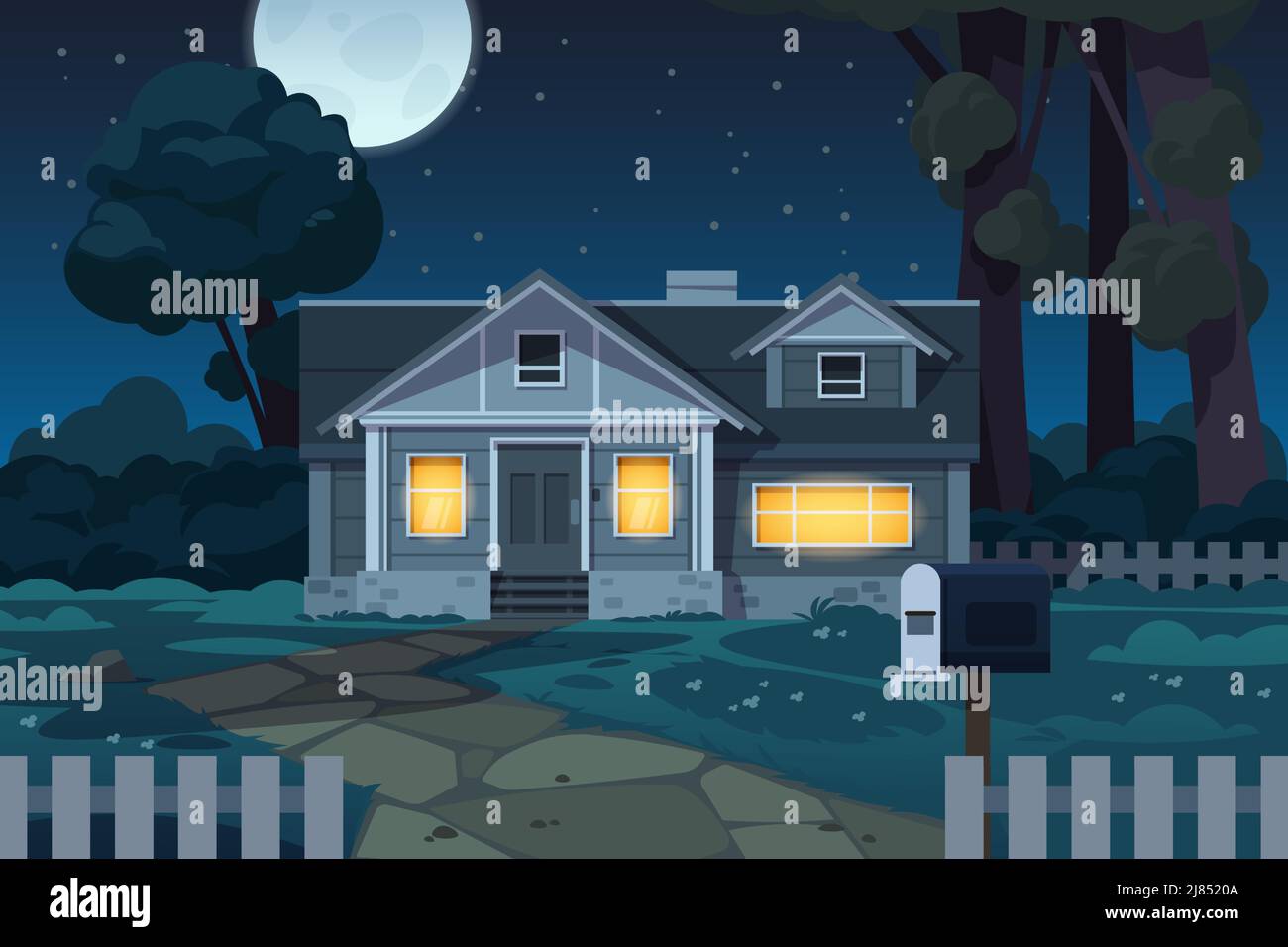 Country house night. Cartoon cottage landscape scene at night ...