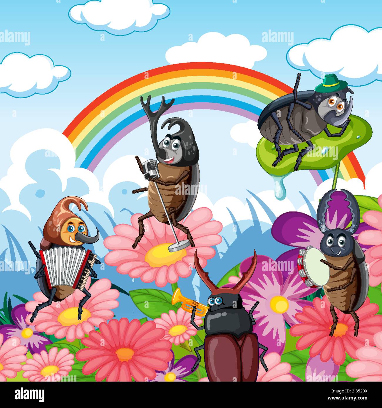 Happy insect in nature fairy tale scene illustration Stock Vector Image ...