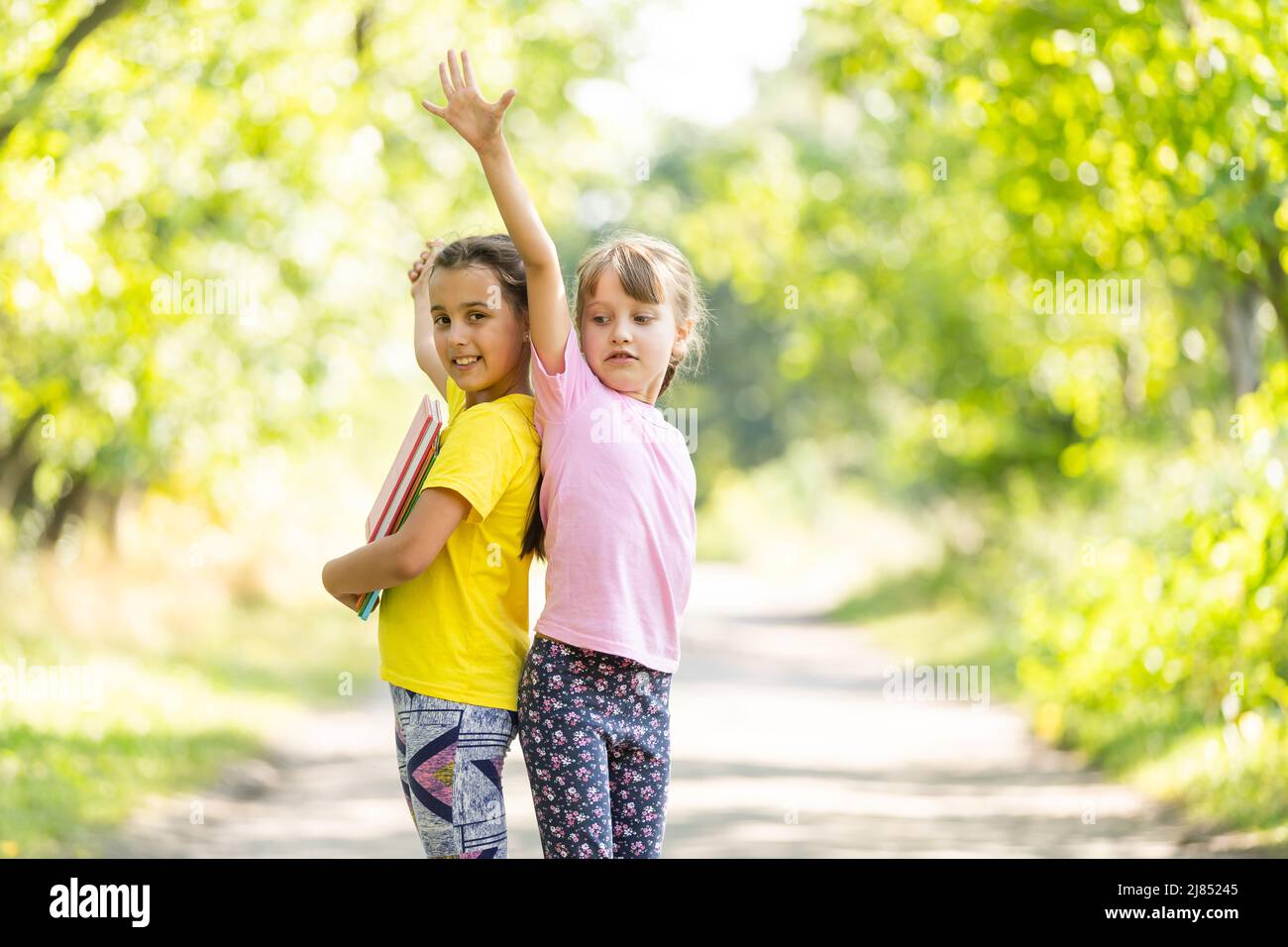 Two beautiful girlfriends girls go to school by the hand. Back to ...