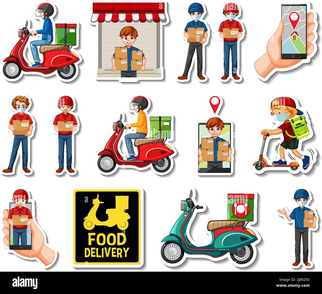 Sticker set of delivery objects and cartoon characters illustration ...