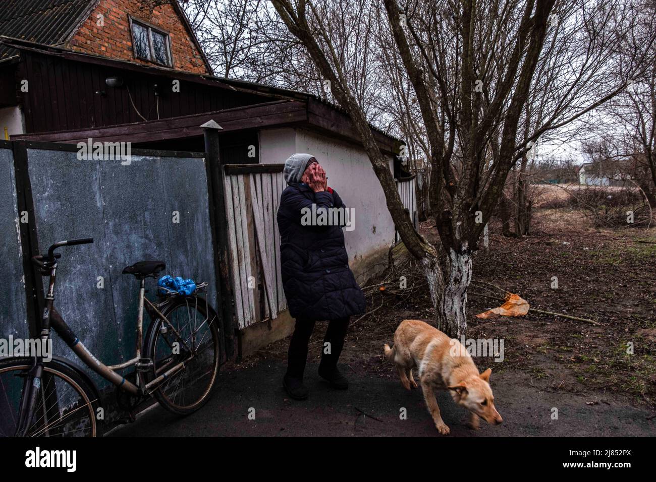 Lipovka, Ukraine. 10th Apr, 2022. A woman cries when the Police arrive ...