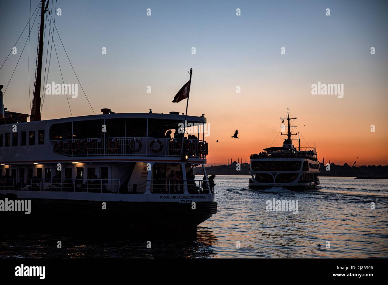 Istanbul, Turkey. 12th May, 2022. City line ferries seen during sunset ...