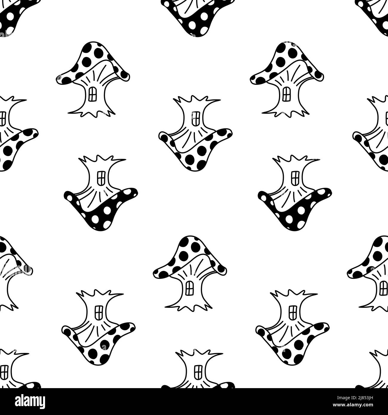 Fungus amanita mushroom seamless pattern black and white for textile ...