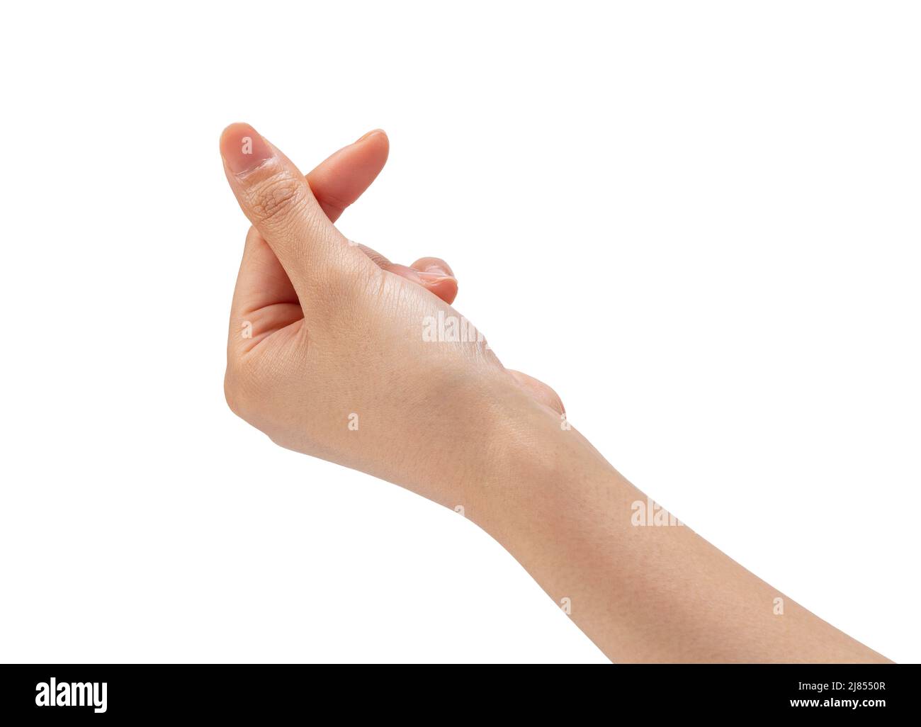 Female hand with finger hearts on white background. Gesture, empty hand ...