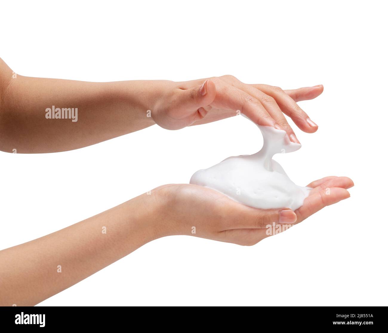 Female hand with soap bubbles on white background. Hands with white ...