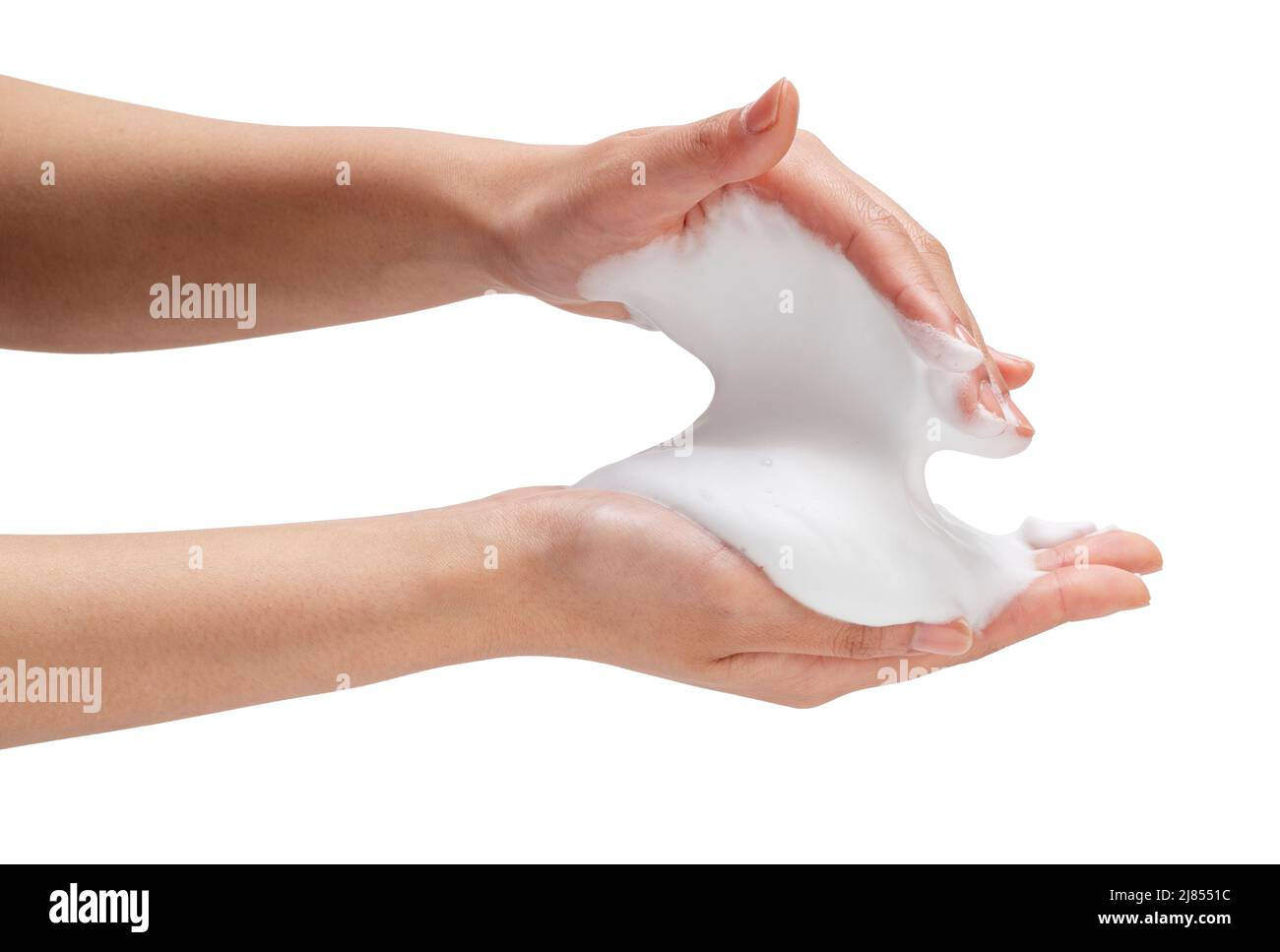 Female hand with soap bubbles on white background. Hands with white ...