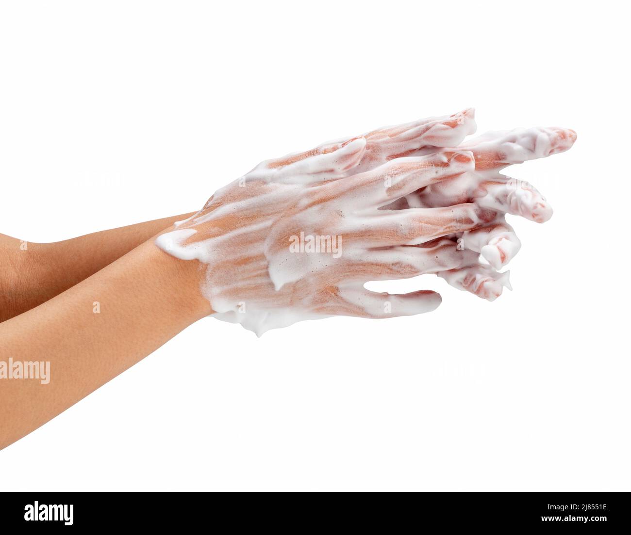 Female hand washing hands with soap lather on white background. Hands ...