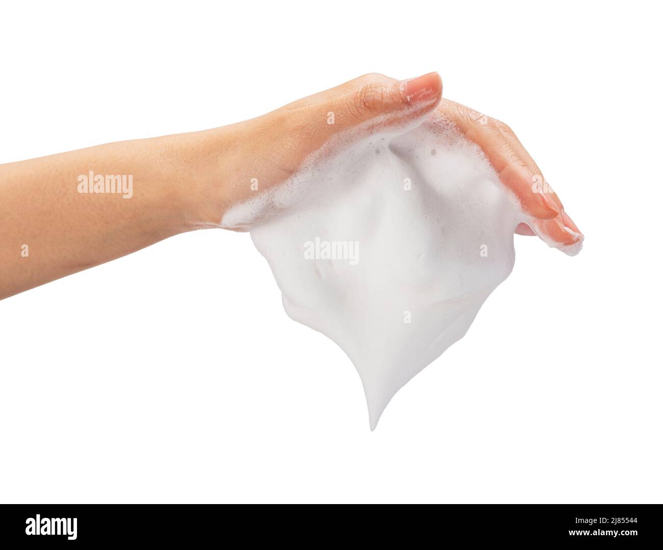 Female hand with soap bubbles on white background. Hands with white ...