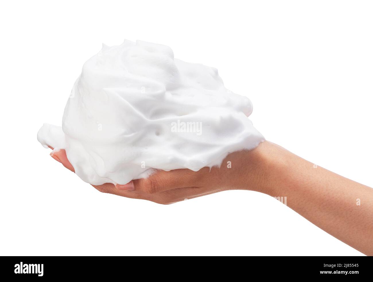 Female hand with soap bubbles on white background. Hands with white ...