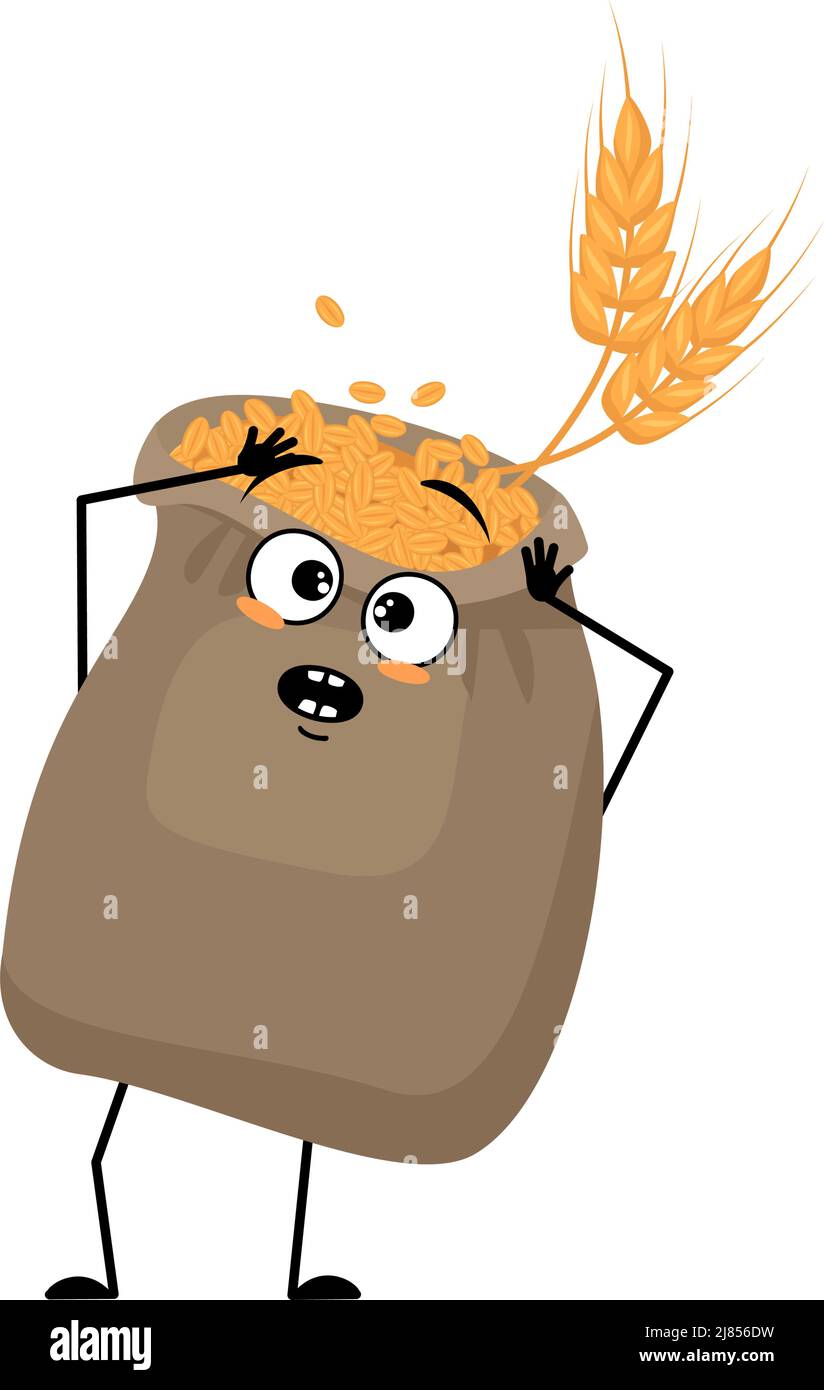Cute sack of wheat and ear character with panic emotions, surprised ...