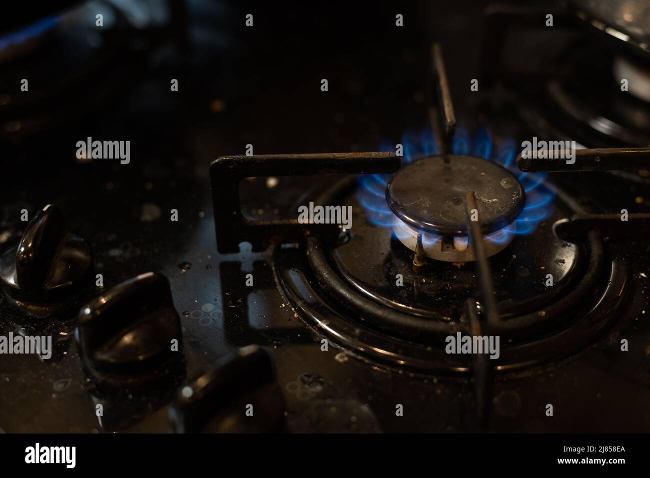 Closeup shot of blue fire from domestic kitchen stove top. Gas cooker ...