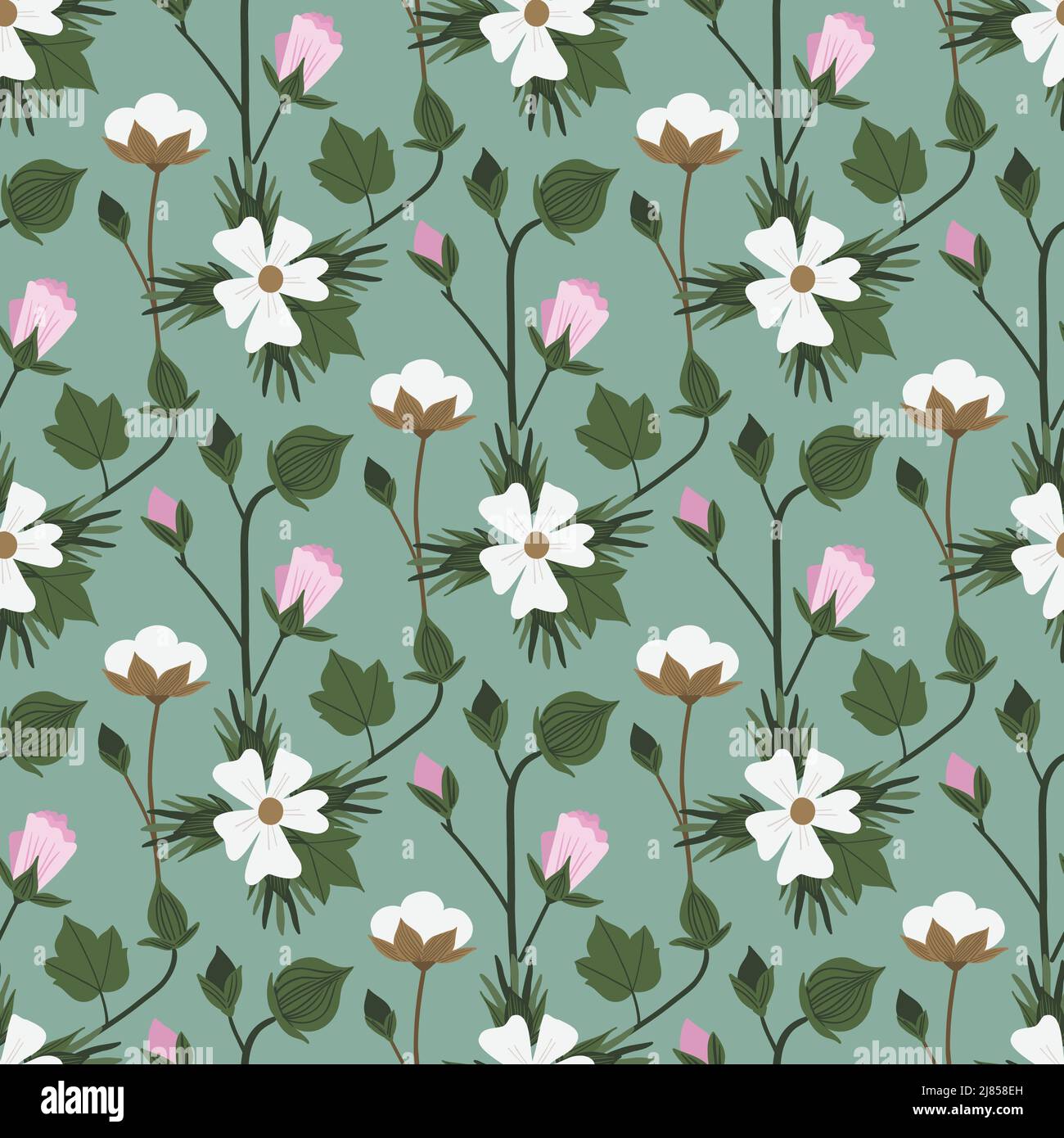 Cotton plant and flower seamless pattern on a green background. Vector ...