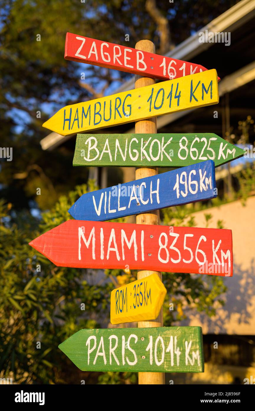 Post with colorful signs pointing to different cities in the world ...