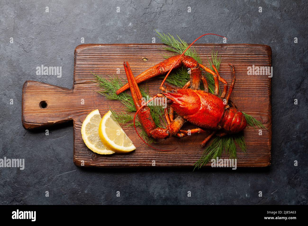 Boiled crayfish with dill and lemon. Top view flat lay Stock Photo - Alamy