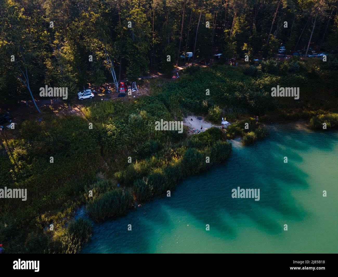 aerial view of camp site near lake in forest copy space Stock Photo - Alamy
