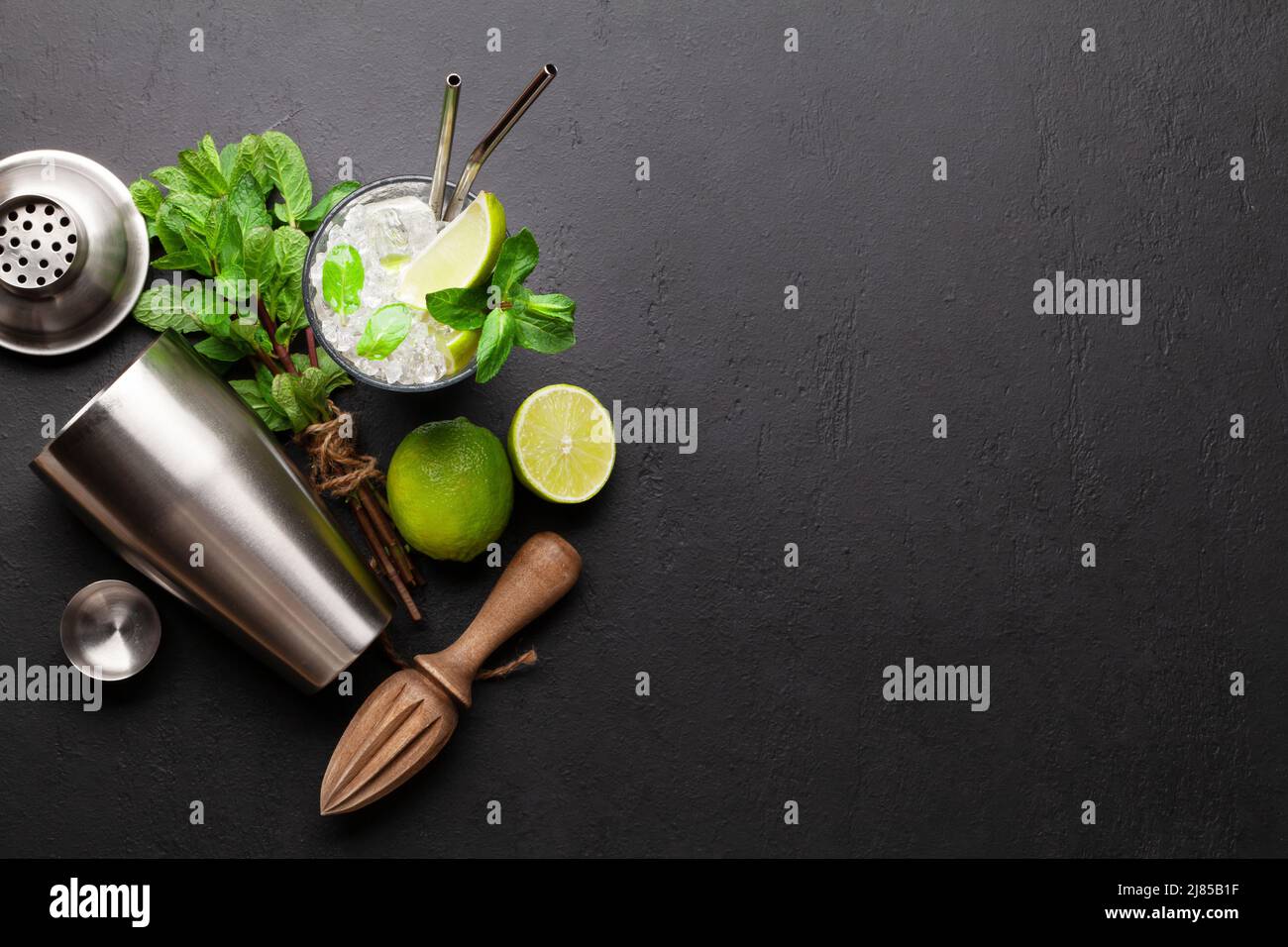 Mojito cocktail making. Ingredients and drink utensils. Top view flat ...