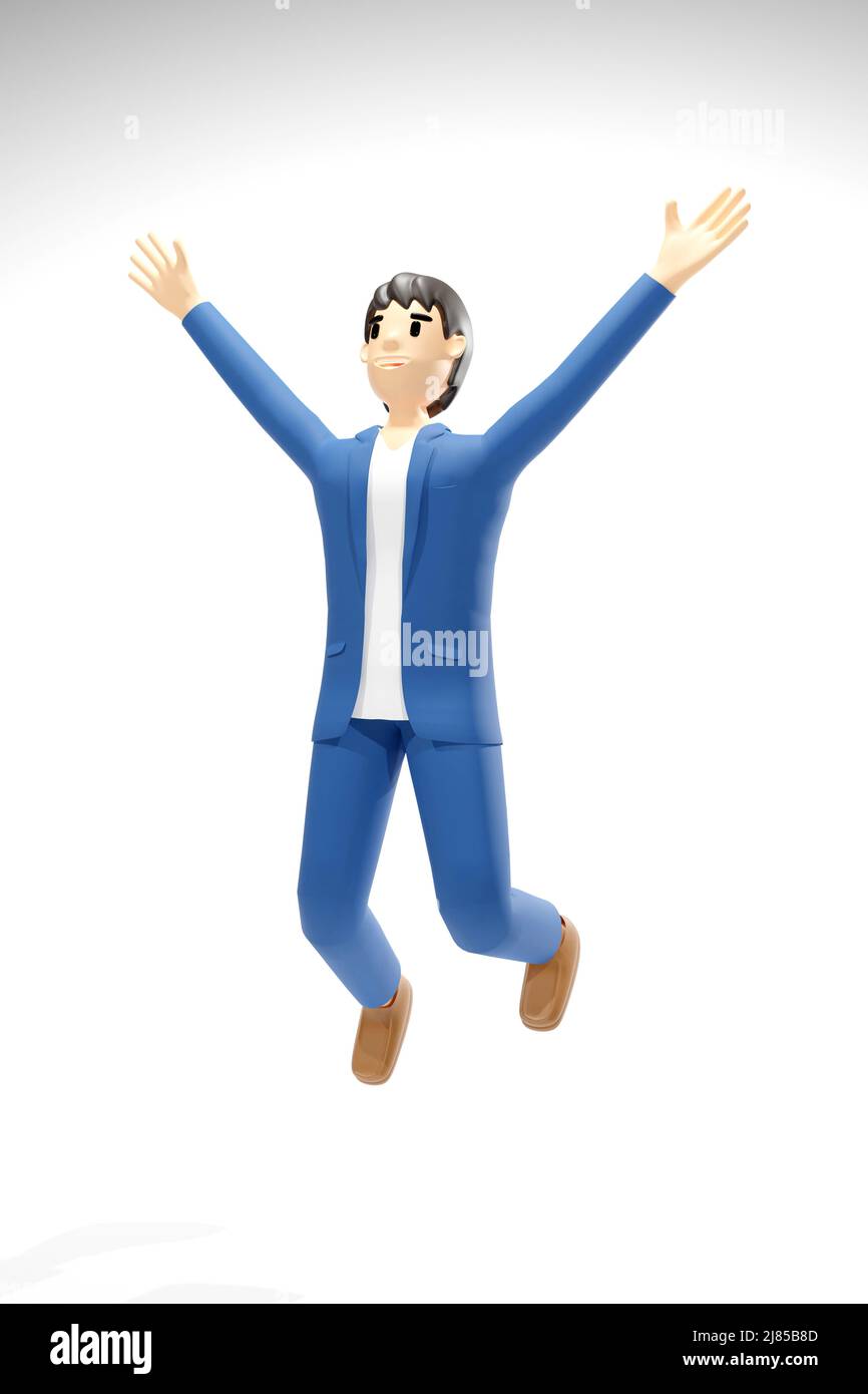 3D man in a fashionable suit with a young man jumping in joy with his ...